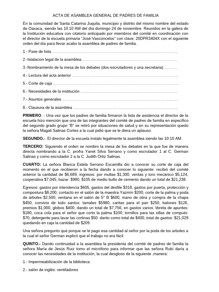 Acta de Asamblea de Padres de Familia - 100657 | PDF