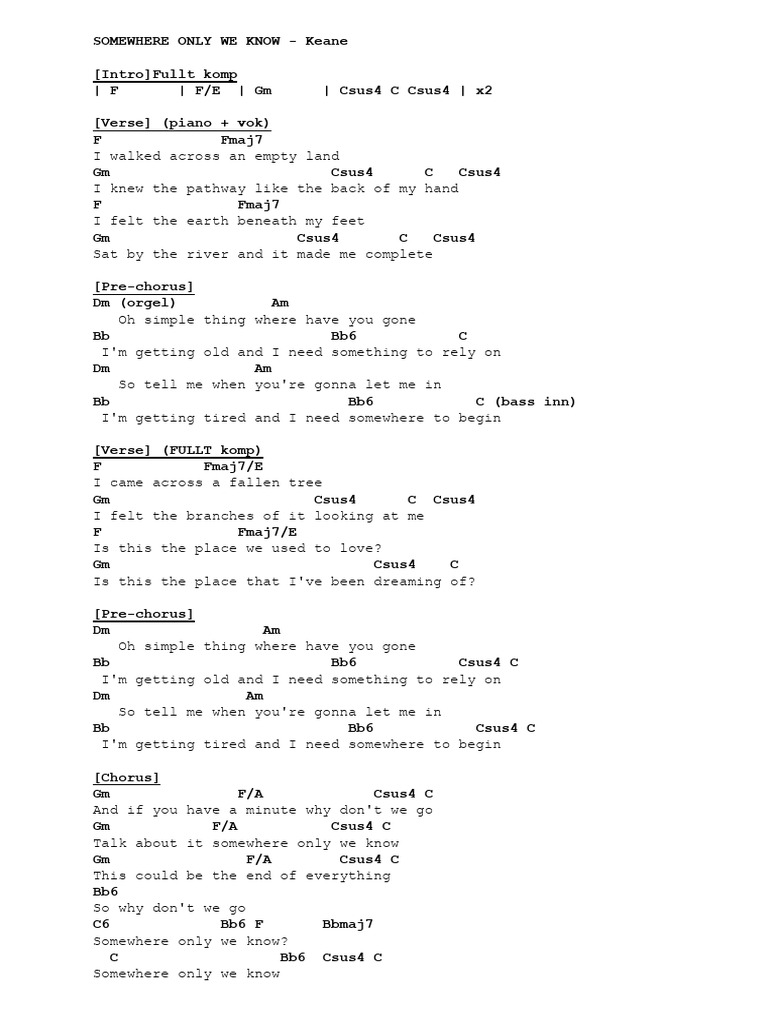 Lyrics to "Somewhere Only We Know" | PDF | Song Structure | Singles
