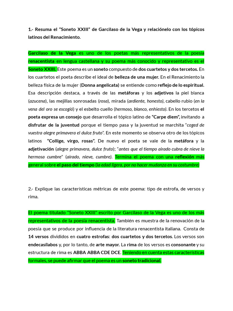 Soneto XXIII. Cuestiones 1 y 2 Fitxategiaren Kopia | PDF