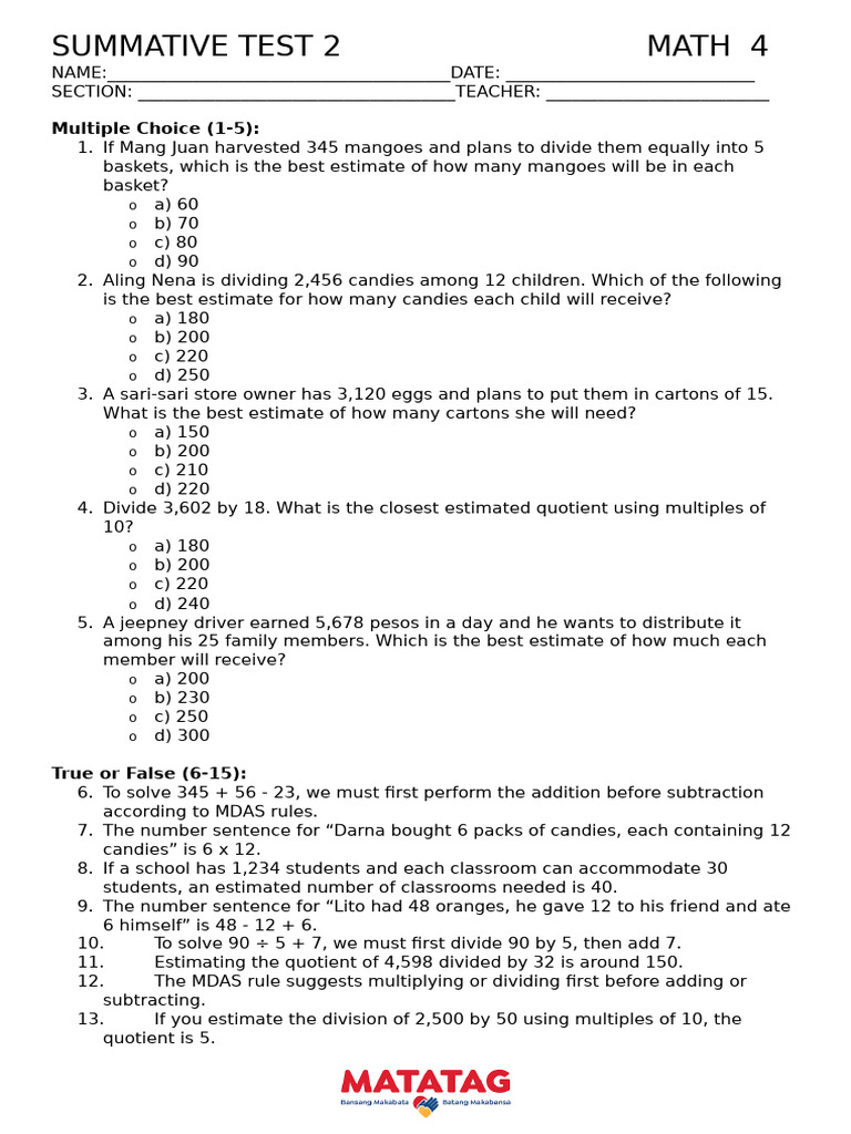 MATH 4 SUMMATIVE 02 | PDF | Division (Mathematics) | Elementary Mathematics