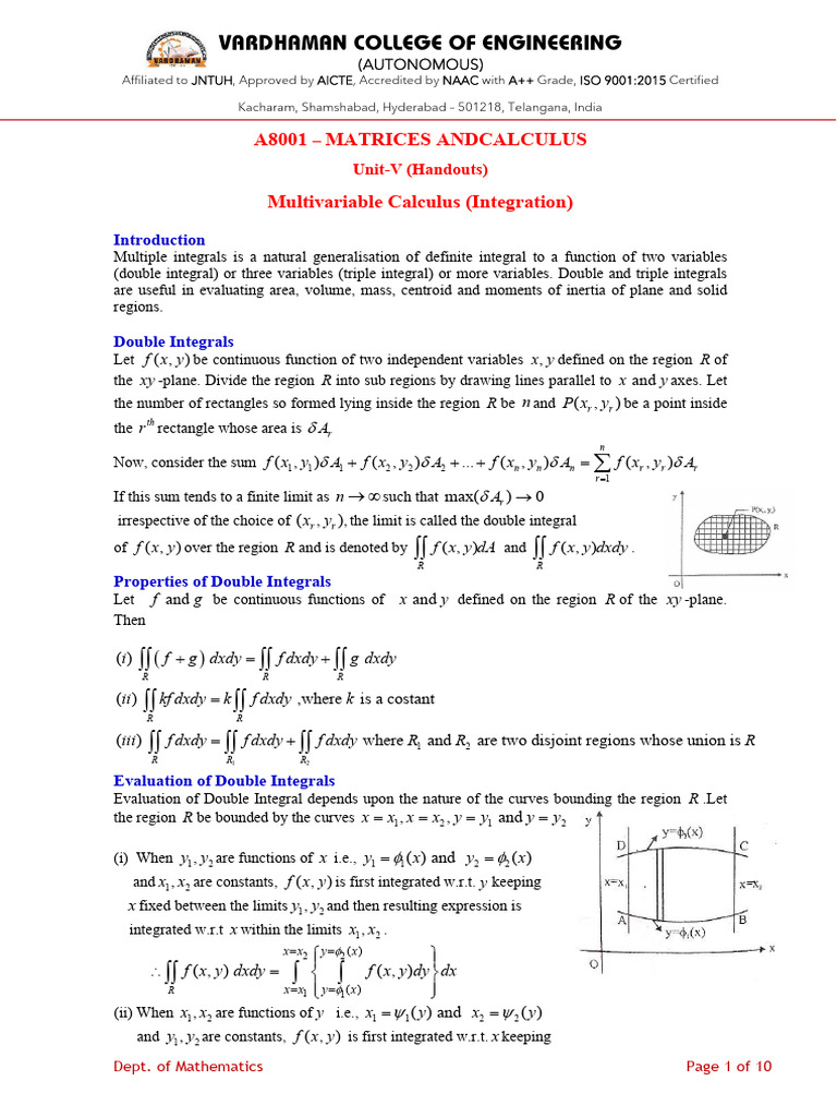 Unit-V A8001 (MAC) Handout (Multivariable Calculus (Integration) | PDF | Integral | Area