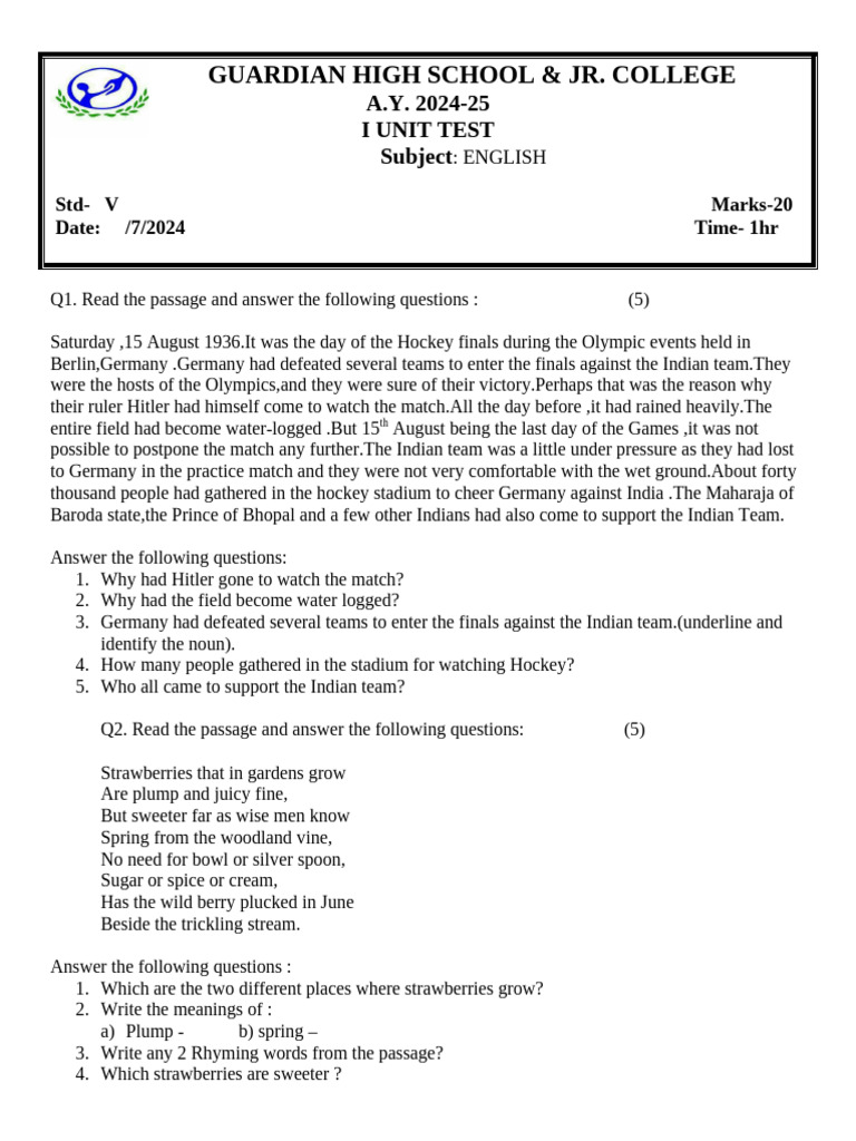 1st Unit Test Exam Paper English | PDF | Syntax | Linguistics
