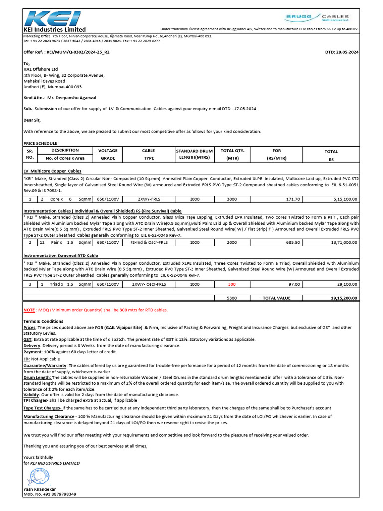HAL Offshore (Q-0302 R2) GAIL Vijapur, MP Project Offer | PDF | Wire ...