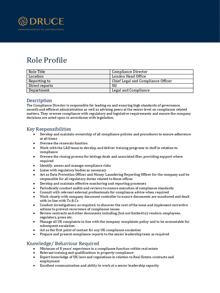 Role Profile - Compliance Director | PDF | Regulatory Compliance | Business