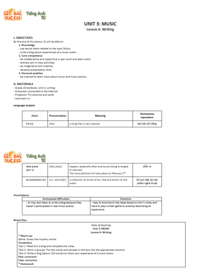 TA10-Unit 3 - Lesson Plan mẫu Writing | PDF | Learning | Cognitive Science
