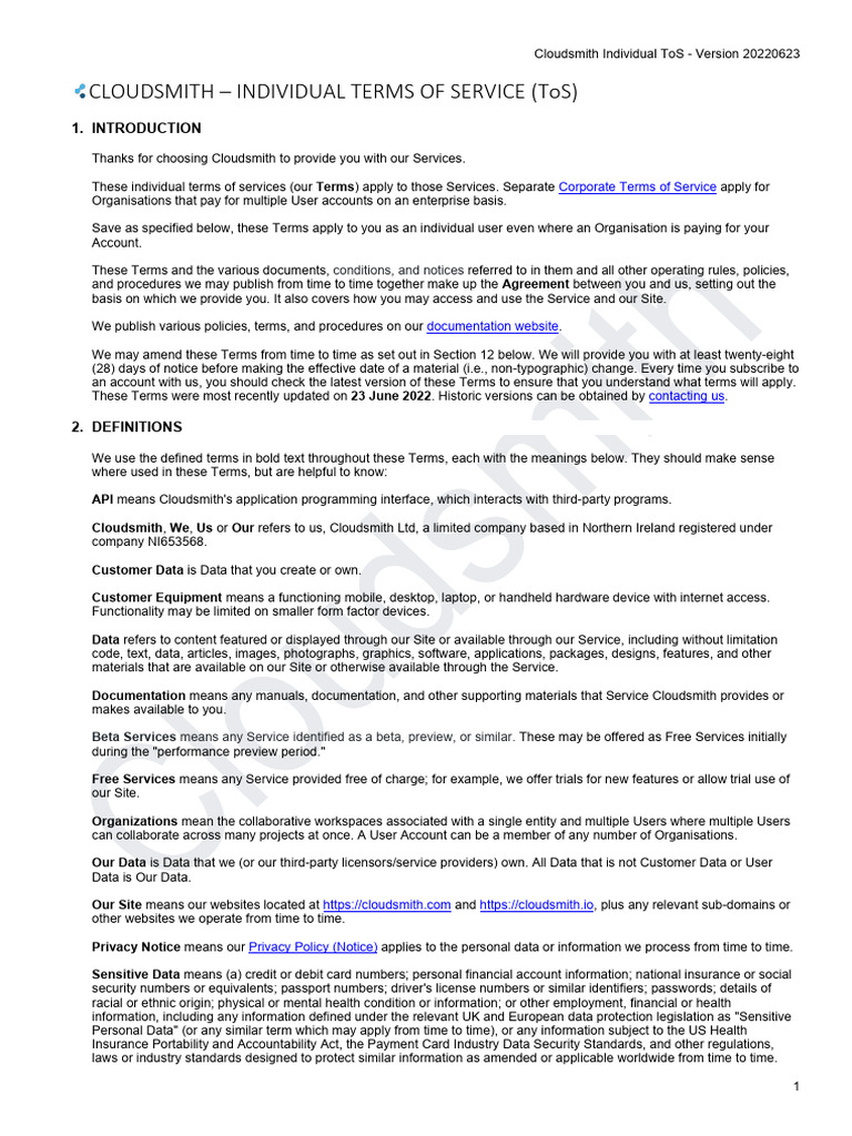 Cloudsmith - Individual Terms of Service | PDF | Legal Liability | License
