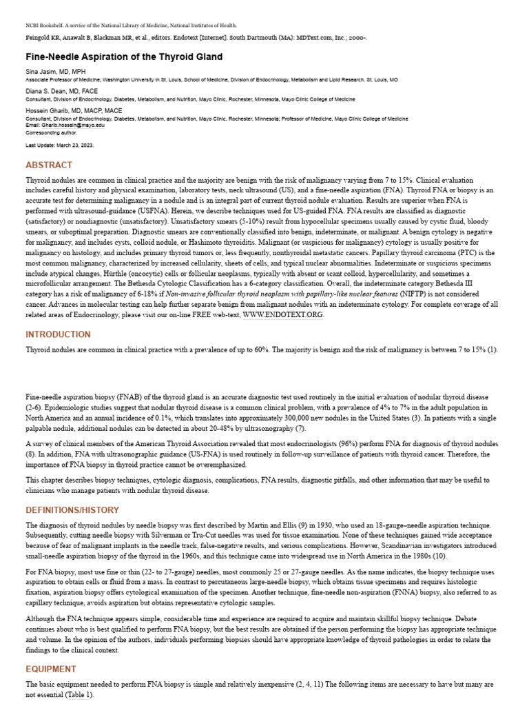 Fine-Needle Aspiration of the Thyroid Gland - Endotext - NCBI Bookshelf | PDF | Cytopathology ...