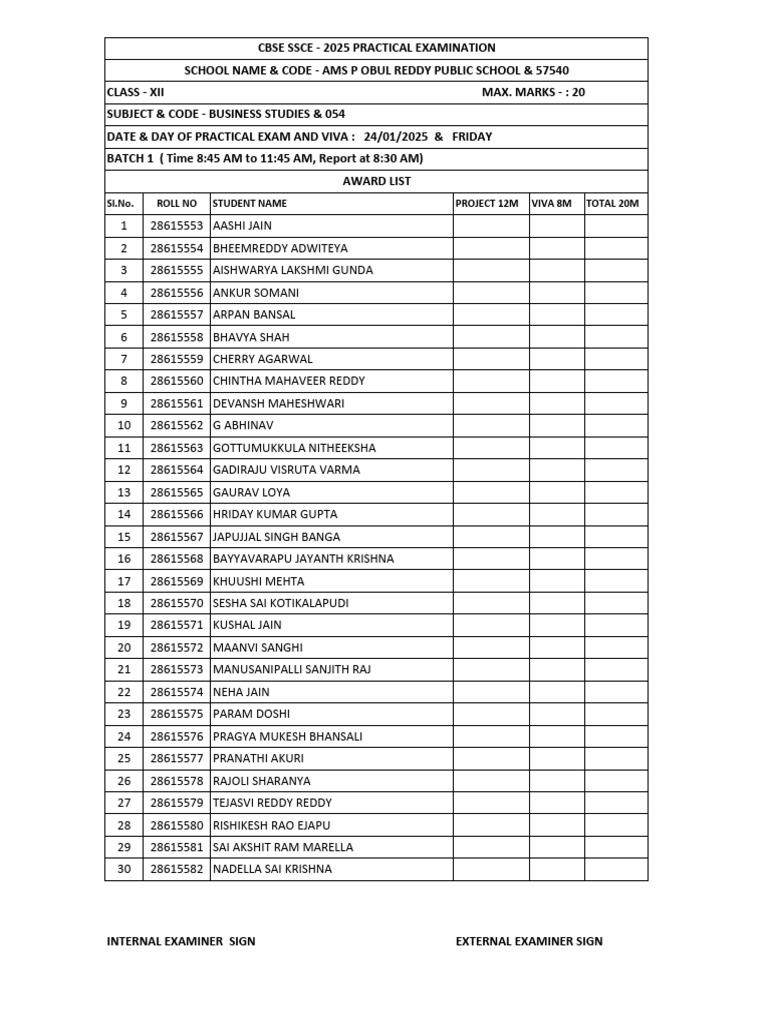 Cbse Ssce 2025 Business Studies Practical Exam Batches Schedule From 24.01.2025 To 27.01.2025 ...