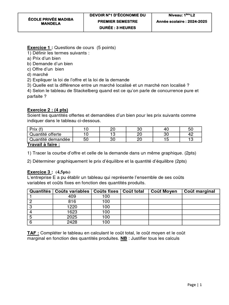 Devoir Économie 1ère L2 - Semestre 1 | PDF | Offre et demande | Économie