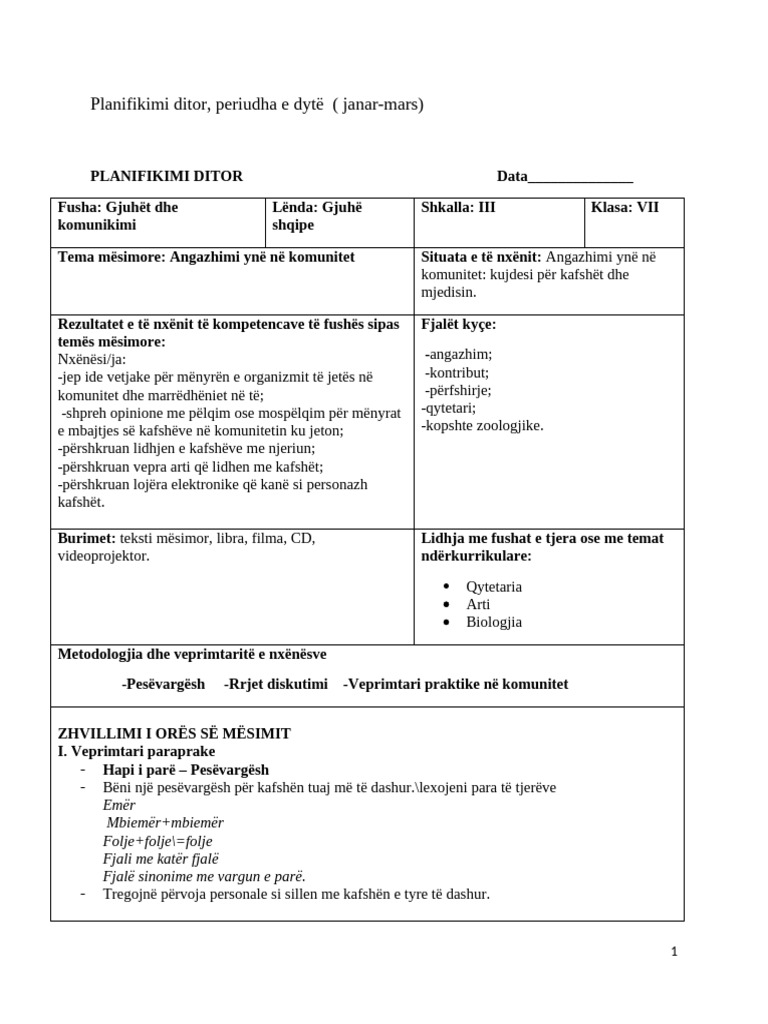 Planifikimi Ditor Periudha 2.Gjuha 7-PEGI | PDF