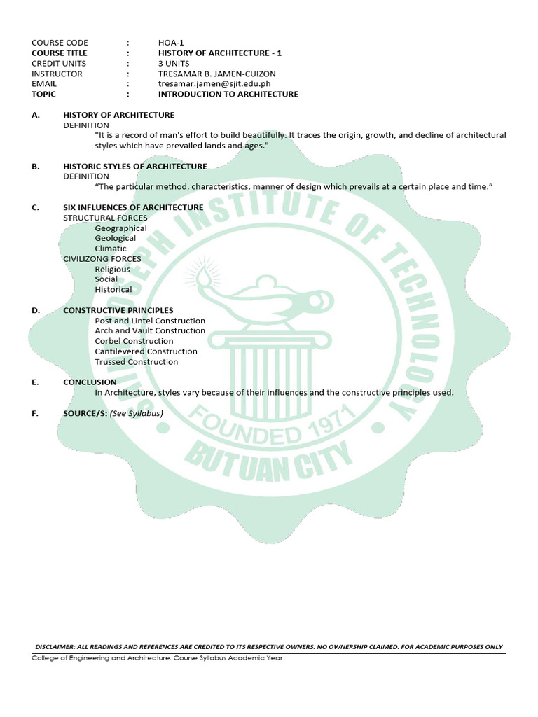 01 Hoa 1 Introduction To History of Architecture Handout | PDF