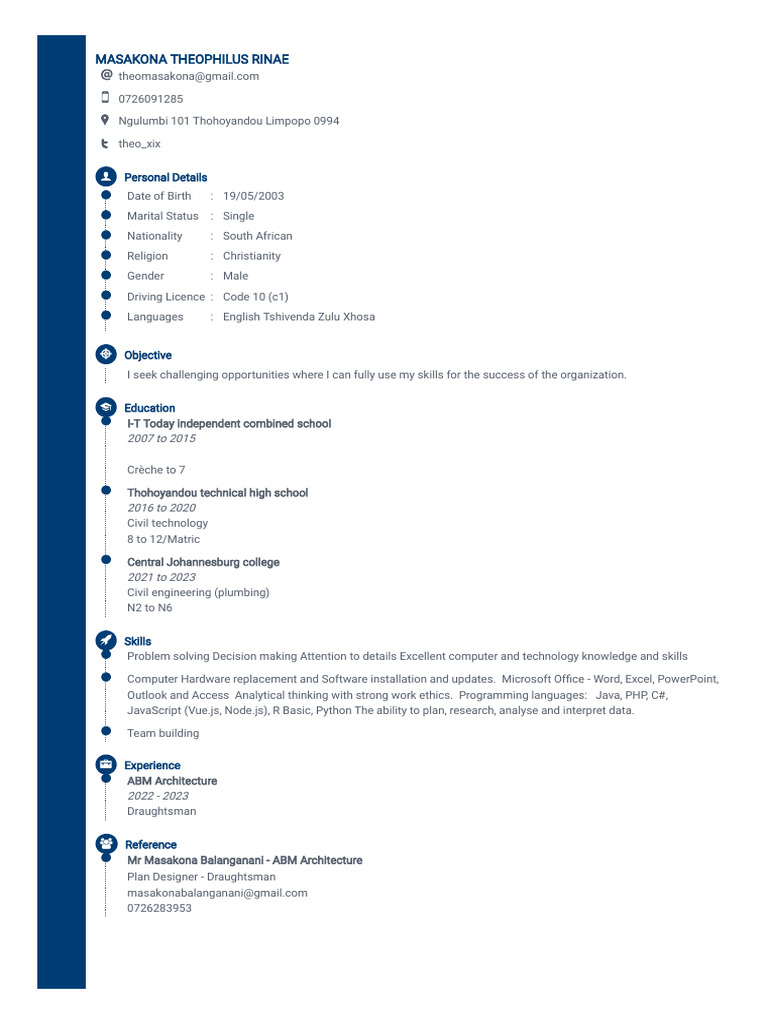 Masakona Theophilus Rinae: Personal Details | PDF