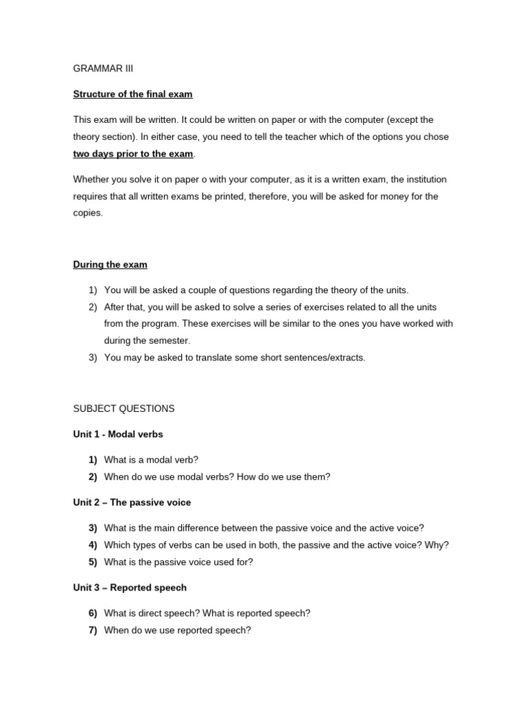 Grammar III Final Exam Structure | PDF
