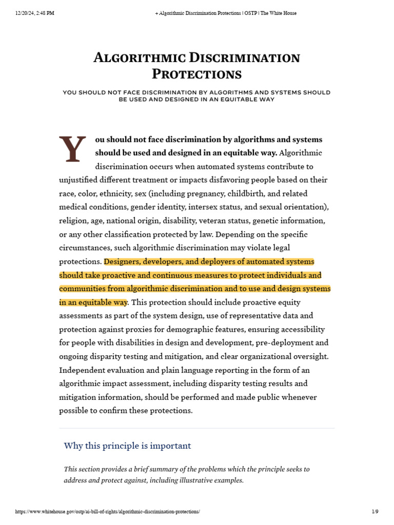 [1] Algorithmic Discrimination Protections _ OSTP _ The White House | PDF