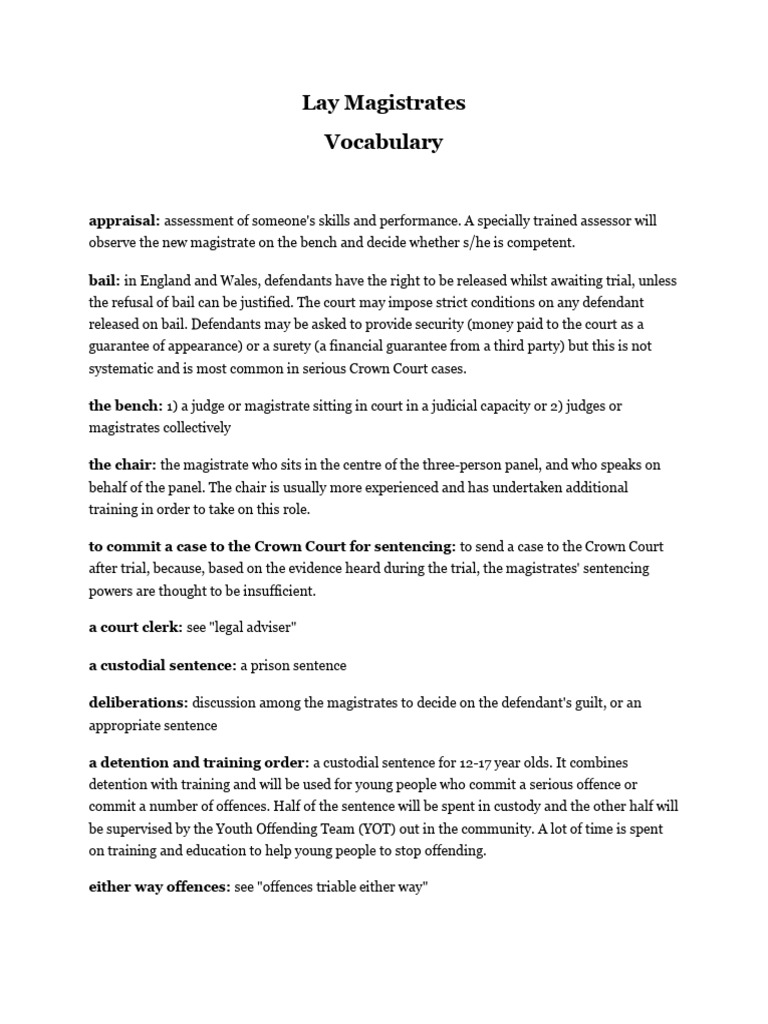W4 L3 - Lay Magistrates - Vocabulary | PDF | English Law | Public Law