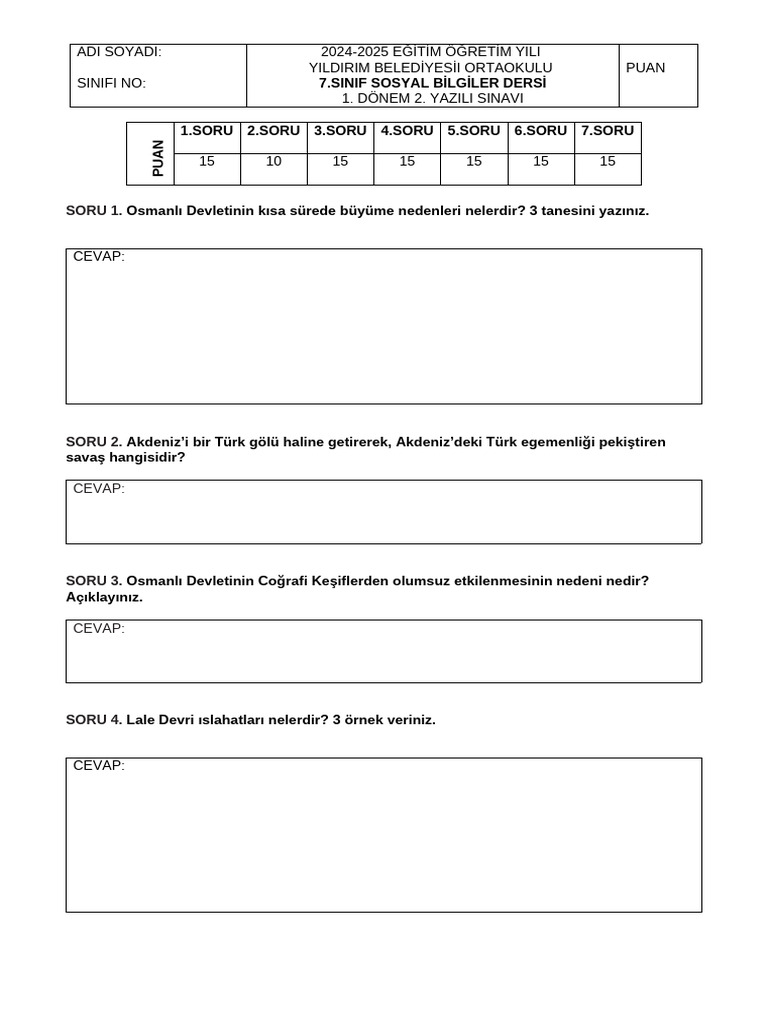 2024 2025 7. Sinif Sosyal Bilgiler 1.donem 2.yazili | PDF