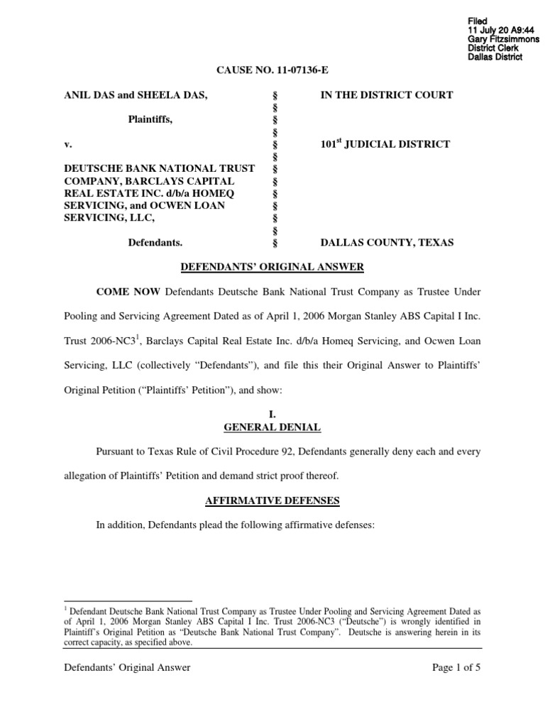 Das 11-07-20 - Defendants' Original Answer-FILED | Damages | Cause Of Action