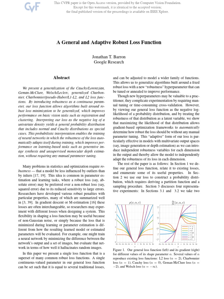 A General and Adaptive Robust Loss Function | PDF | Robust Statistics | Probability Distribution