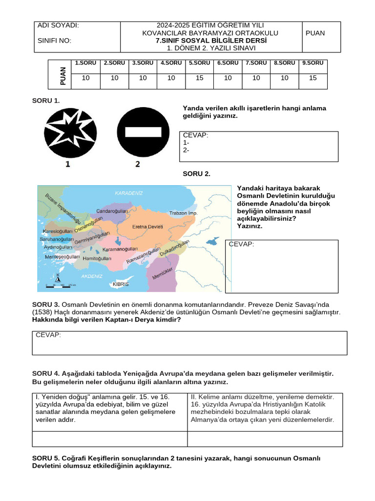 2024 2025 7. Sinif Sosyal Bilgiler 1.donem 2.yazili 9 Soru | PDF