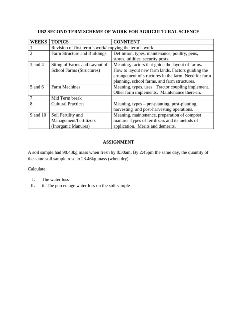Ub2 Second Term Agricultural Science Scheme of Work | PDF