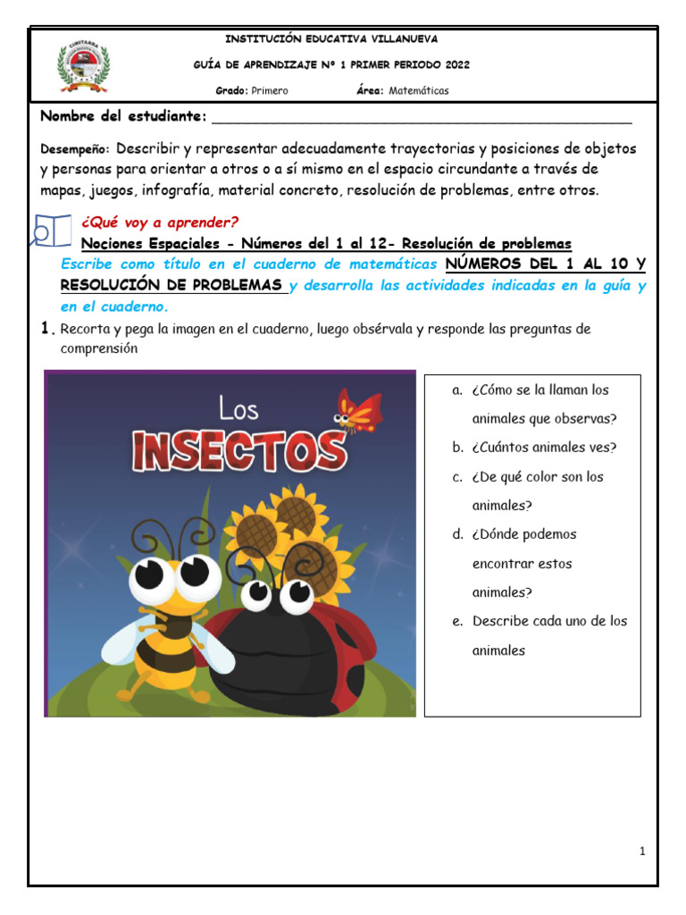 Grado 1ro - Matemáticas-Guia 1 Primer Periodo 2024 | PDF