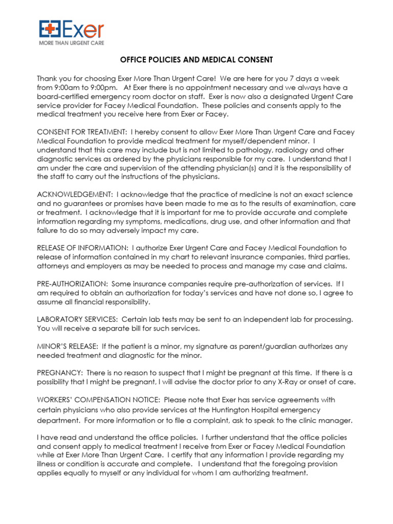 Exer Urgent Care Policies & Consent Form | PDF | Arbitration | Medical ...