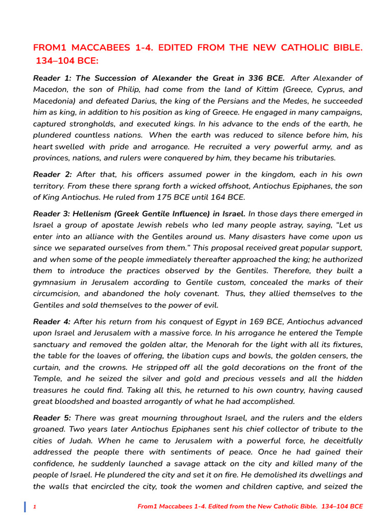 From1 Maccabees 1-4. Edited From The New Catholic Bible. 134-104 BCE-1 ...