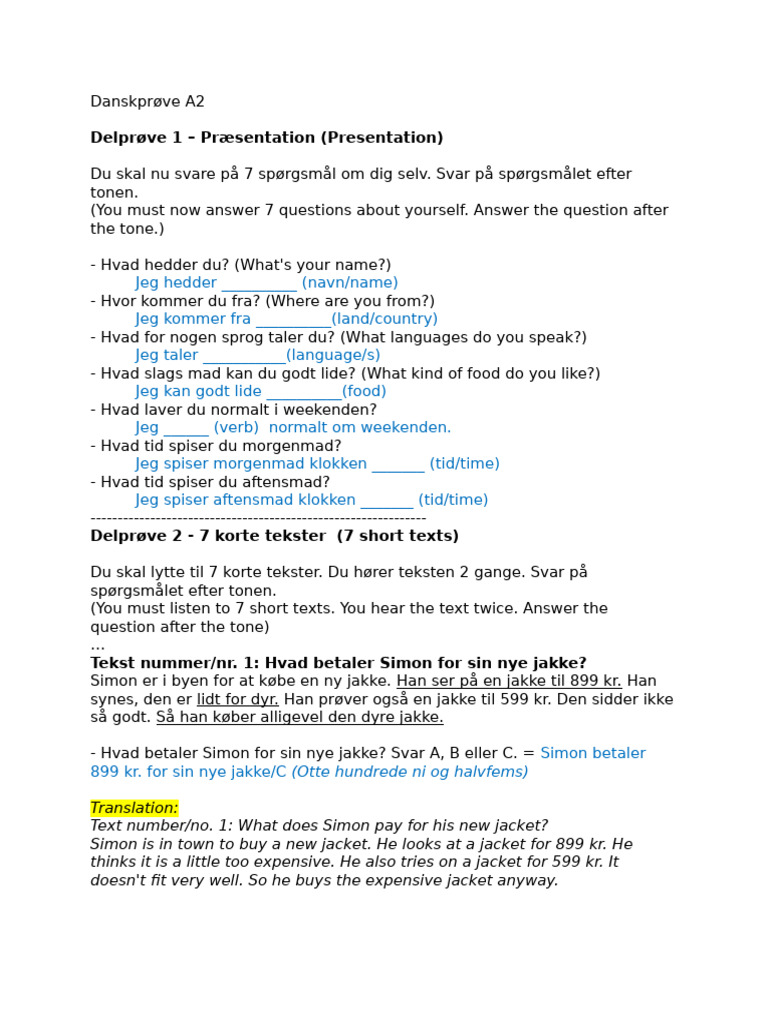 Danskprøve A2 Transcript With Translation | PDF
