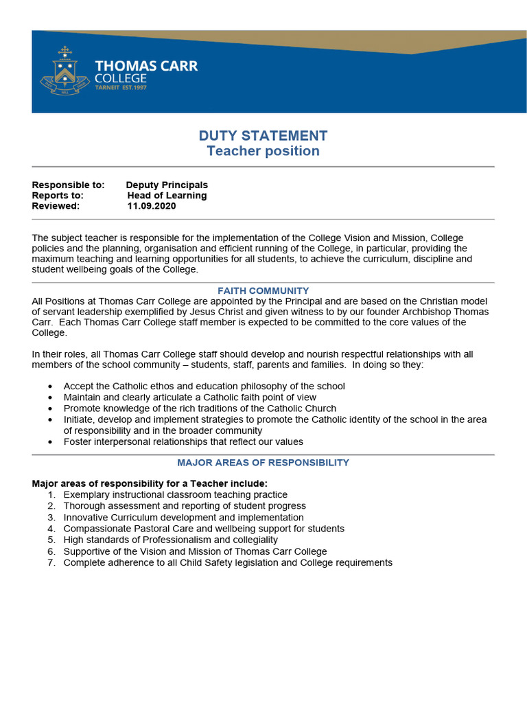 3. Duty Statement Template 2020 Teacher | PDF | Teachers | Curriculum