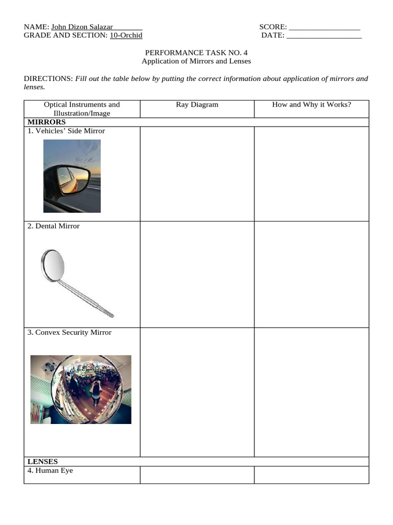Q2 Science 10 Performance Task Mirrors and Lenses | PDF