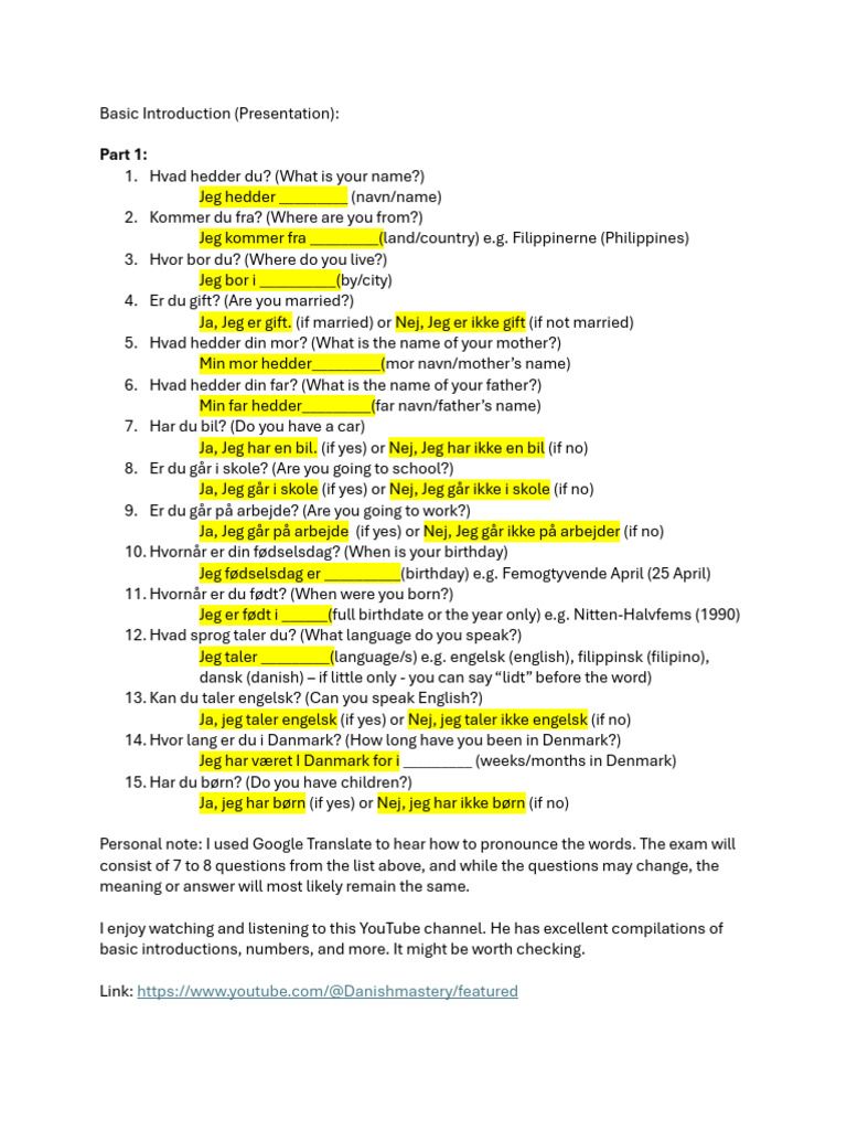 Danish A1 Test Preparation Guide | PDF