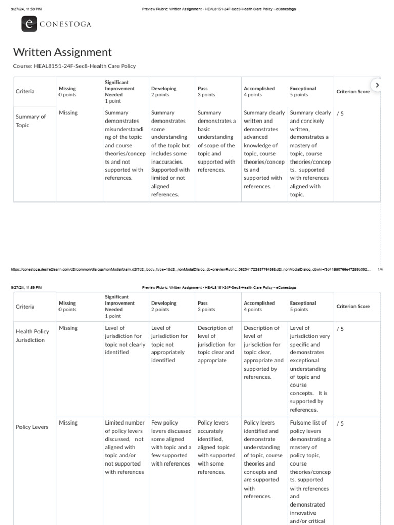 Preview Rubric - Written Assignment - HEAL8151-24F-Sec8-Health Care ...