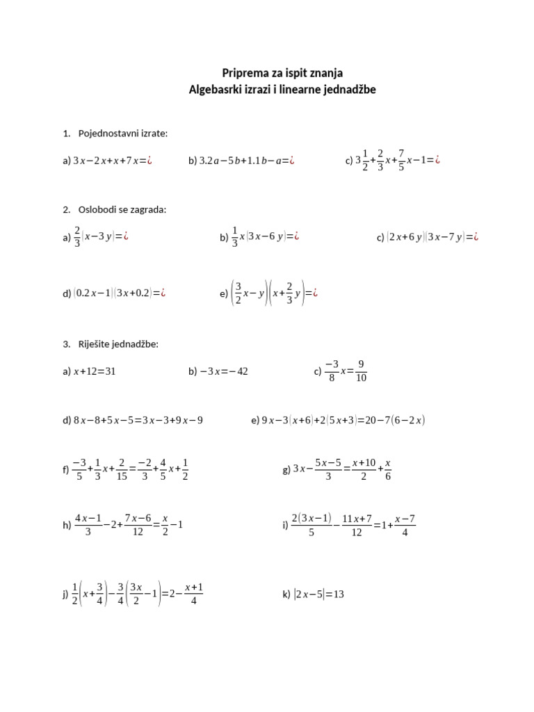 Priprema Za 5. Ispit Znanja - Algebarski Izrazi I Linearne Jednadžbe | PDF