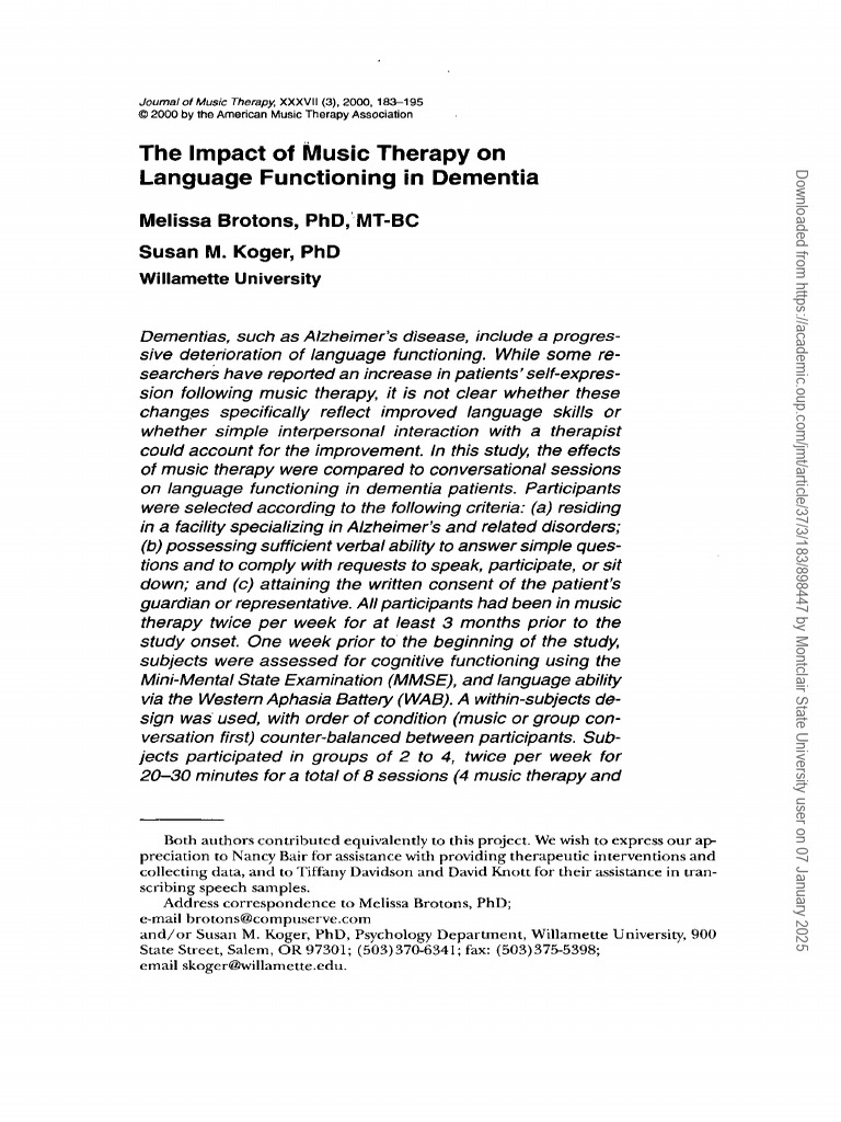 The Impact of Music Therapy On Language Functioning in Dementia | PDF ...