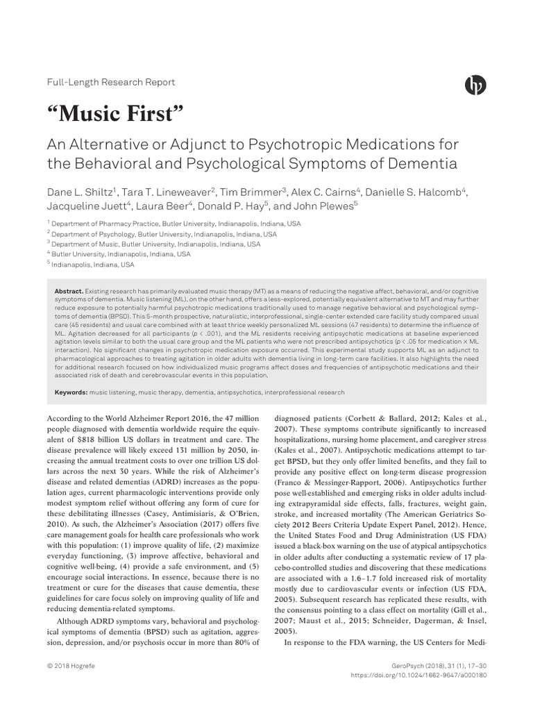 "Music First" An Alternative or Adjunct To Psychotropic Medications For ...