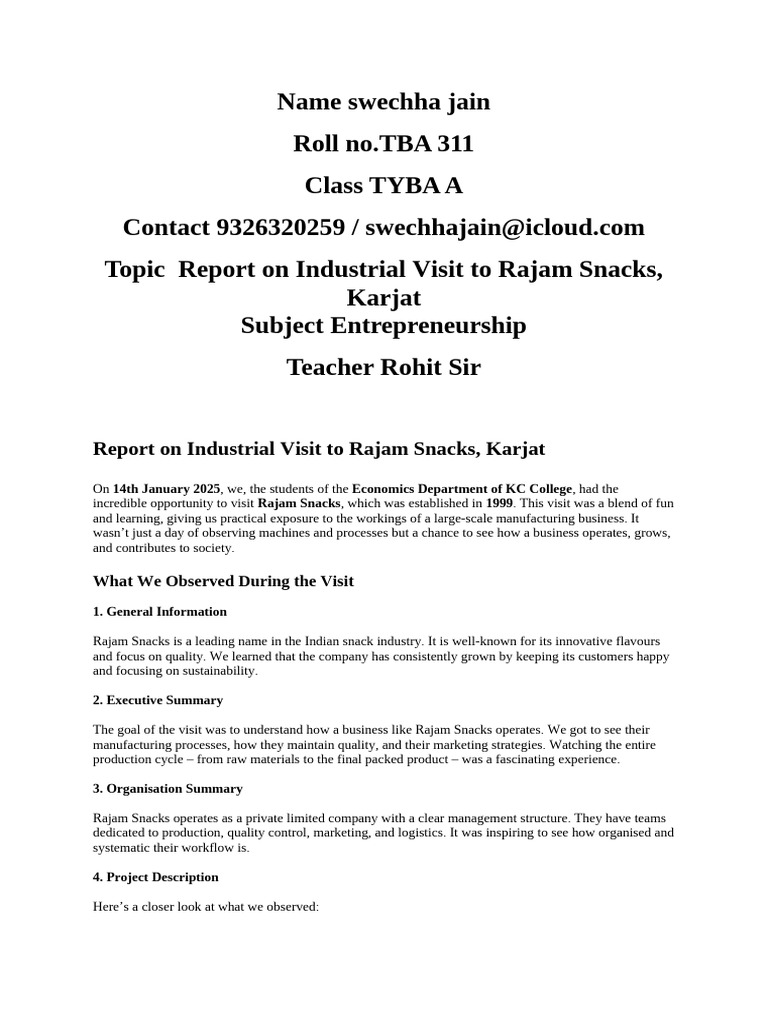 Industrial Visit Report: Rajam Snacks | PDF | Labour Economics | Expense