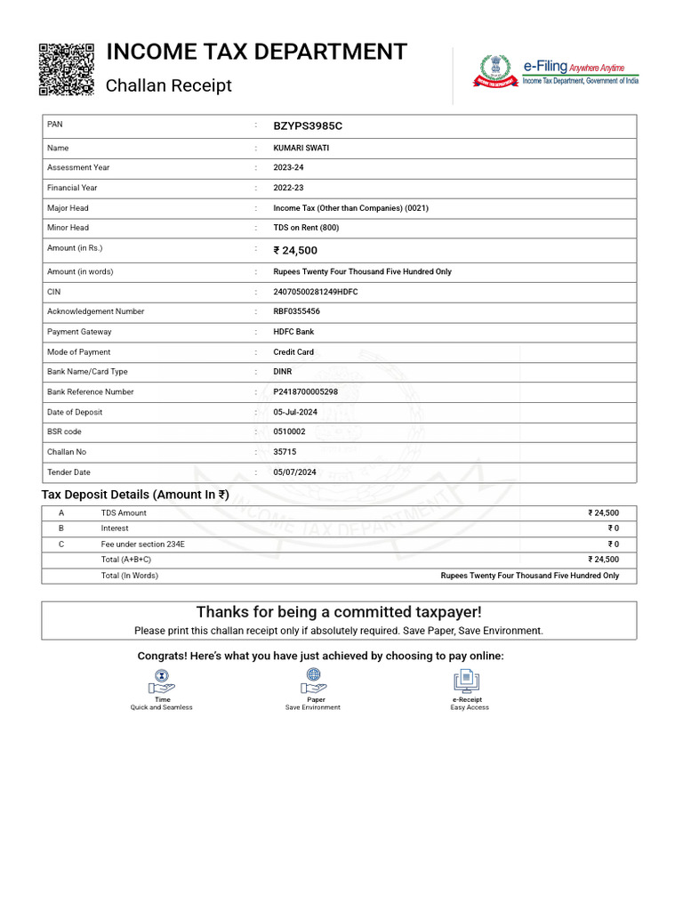 24070500281249HDFC ChallanReceipt | PDF | Payments | Taxation