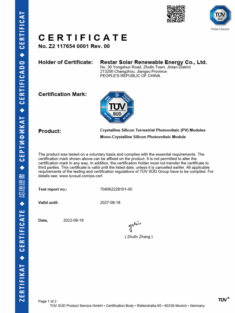 70.406.22.281.01-00cert - Tuv Mark | PDF | Photovoltaics | Sustainable ...