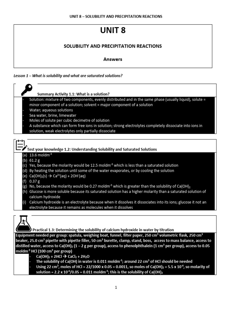 Unit 8 - Solubility and Precipitation Reactions Answers | PDF ...