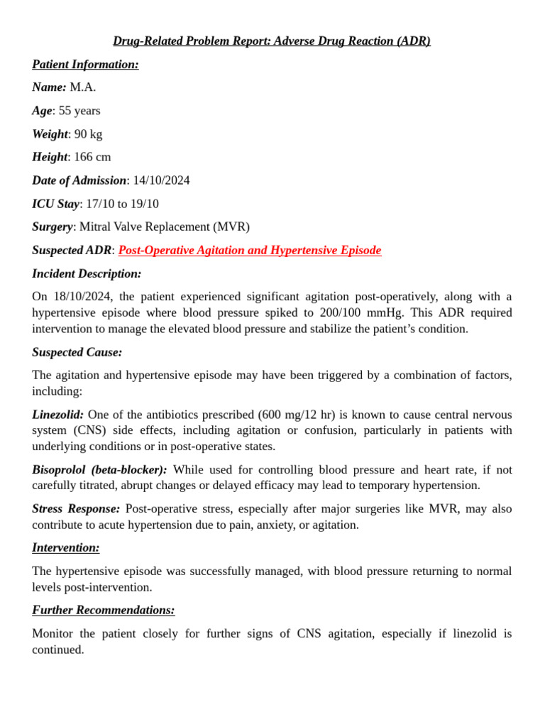 Post-Op ADR: Agitation & Hypertension | PDF