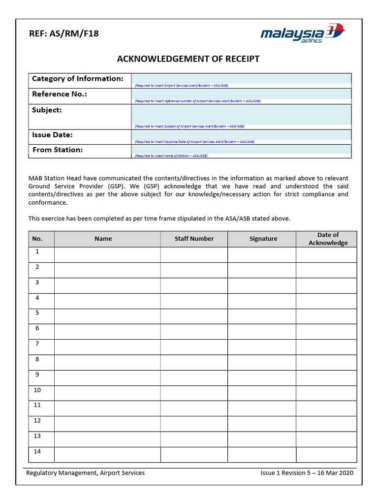 ASB MAB139.23 - Acknowledgement of Receipt - Information Dissemination ...