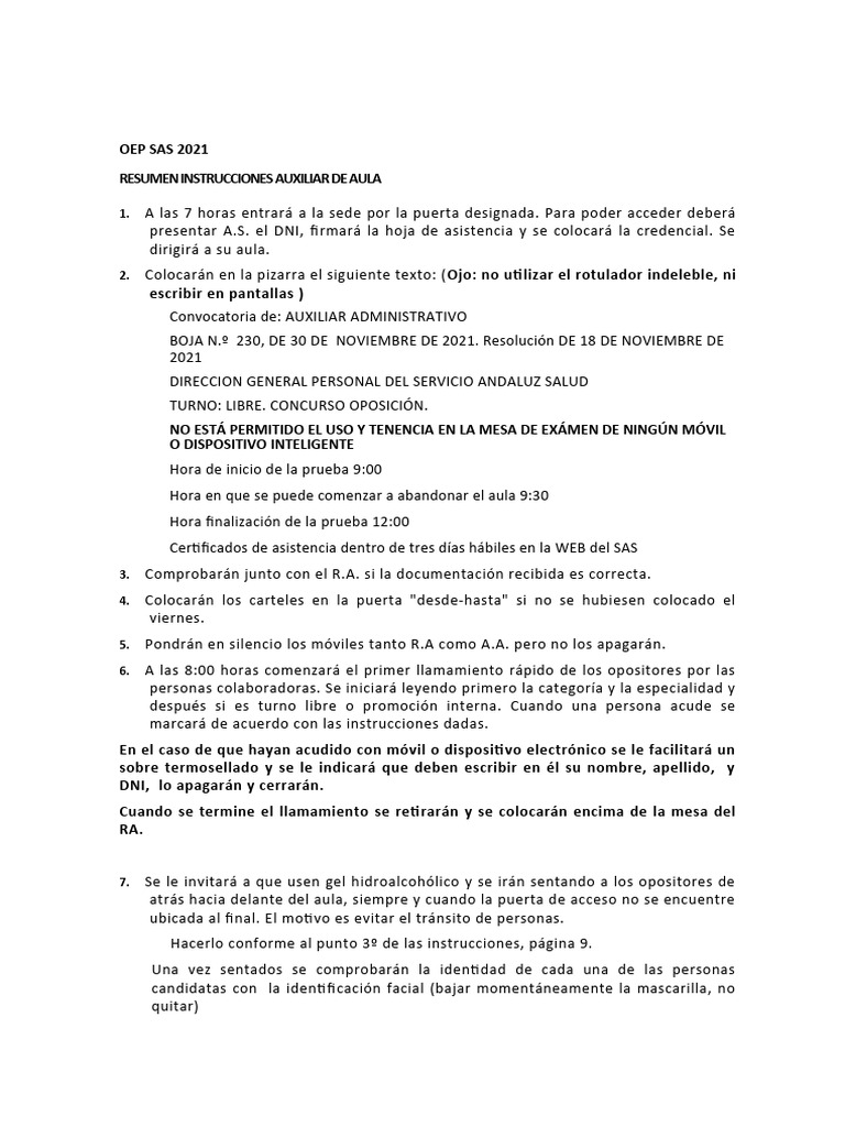 Resumen Instrucciones Auxiliar de Aula de Aula | PDF