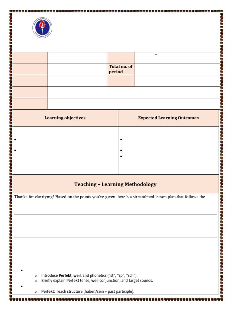 German Lesson Plan: Perfekt & Phonetics | PDF | Perfect (Grammar) | Grammar