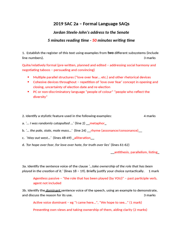 2019 U3 O2 SAC 2A Marking Guide | PDF | Linguistics | Grammar