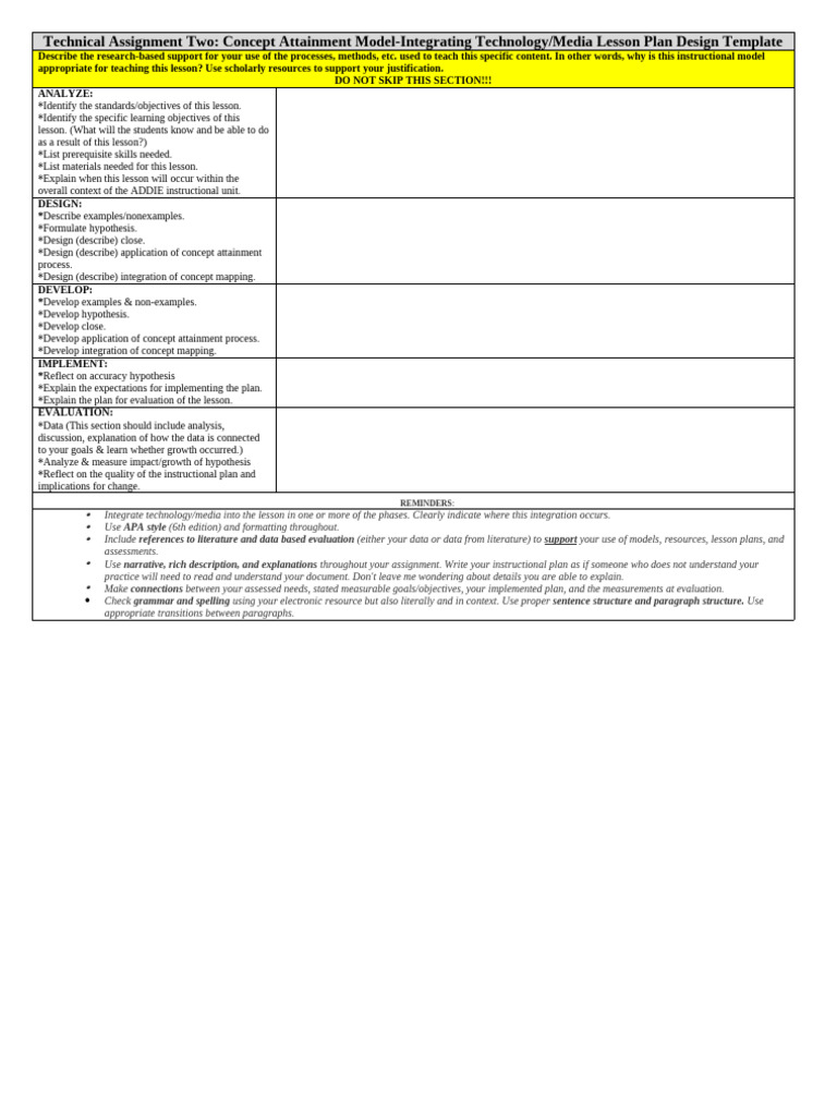 EDL 703 Concept Attainment Model Integrating Tech Media Lesson Plan Design Template | PDF ...