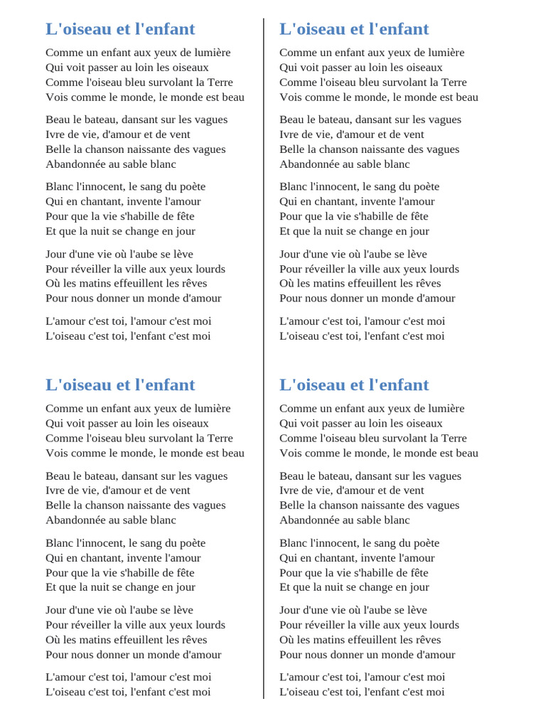 Paroles de "L'oiseau et l'enfant" | PDF