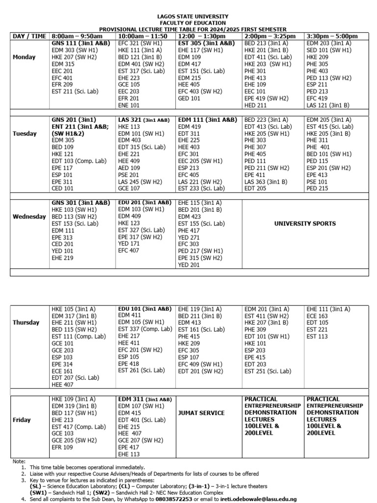 Provisional Education 01122024 Lecture Time - Table | PDF