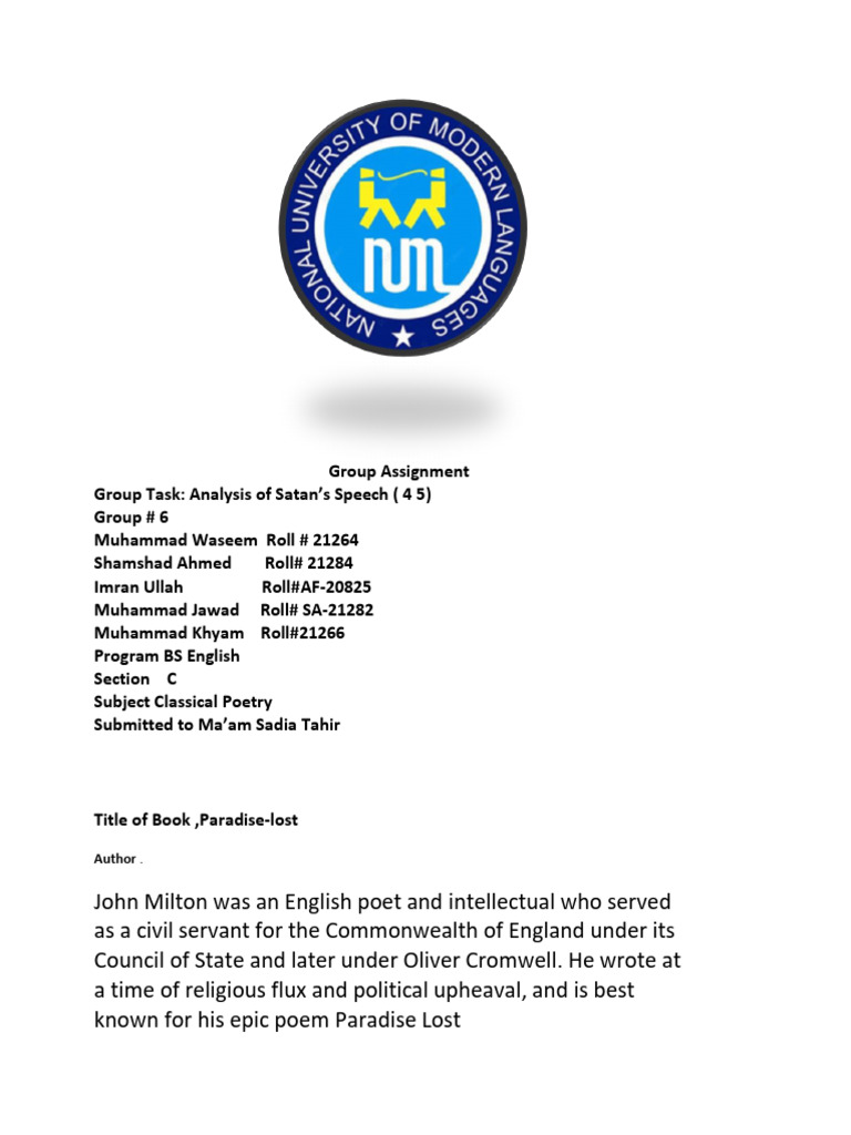 Classical Poetry Major Assignment. | PDF | Paradise Lost | Satan