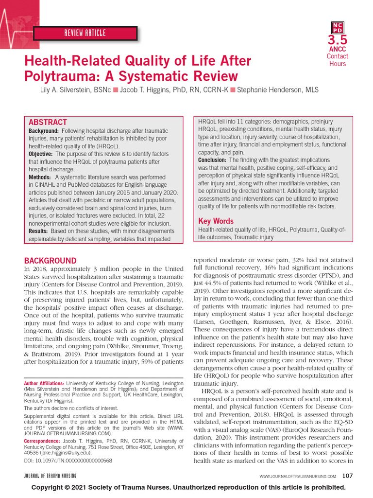 Health-Related Quality of Life After Polytrauma: A Systematic Review | PDF | Mental Health ...
