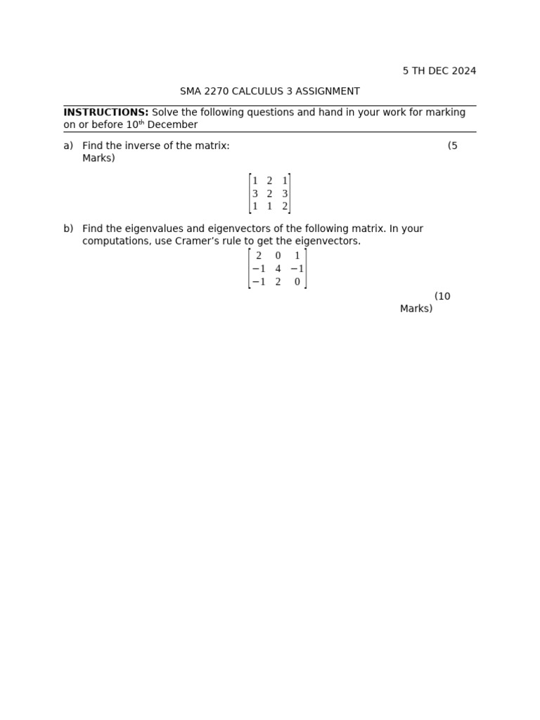 Assignment on eigenvalues and eigenvectors Dec 2024 | PDF Assignment on eigenvalues and eigenvectors Dec 2024 | PDF